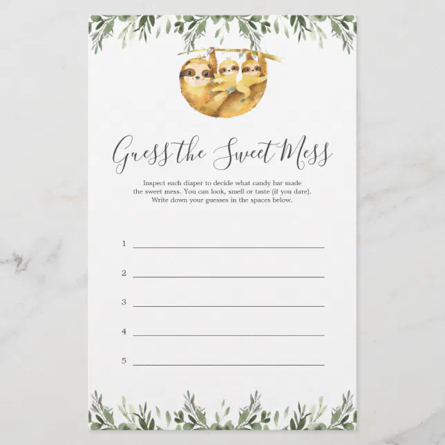 Sloth Baby Shower Guess The Sweet Mess Game | Zazzle