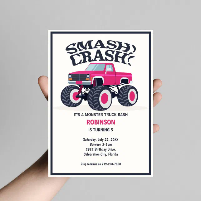 Smash Crash - Modern Pink Monster Truck Birthday Invitation | Zazzle