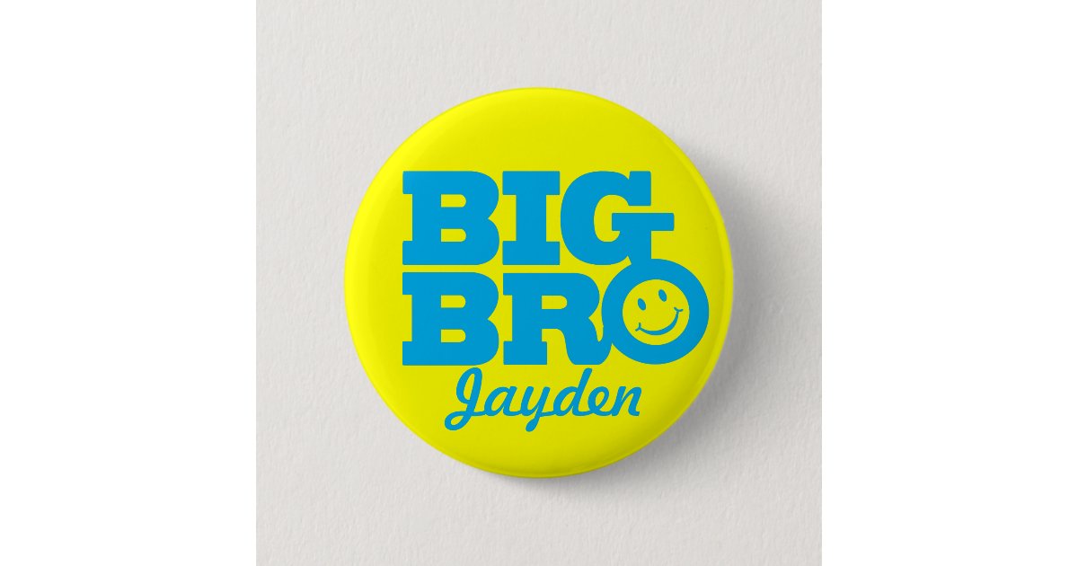 Smile Big Bro named button badge in blue & yellow | Zazzle