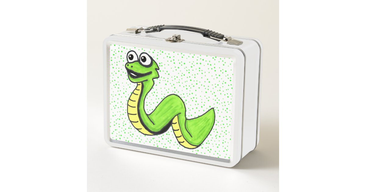 Smiling Fun Cartoon Snake Bright Green on Dots Metal Lunch Box | Zazzle