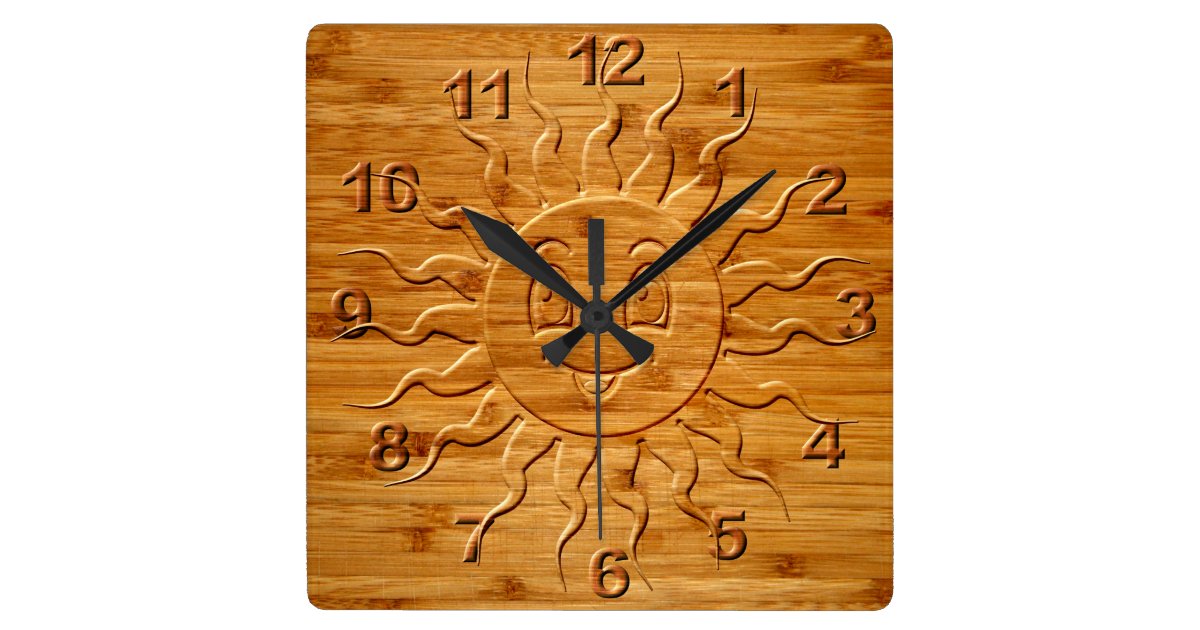 Smiling Sun Face Carved In Wood Print Square Wall Clock | Zazzle.co.uk