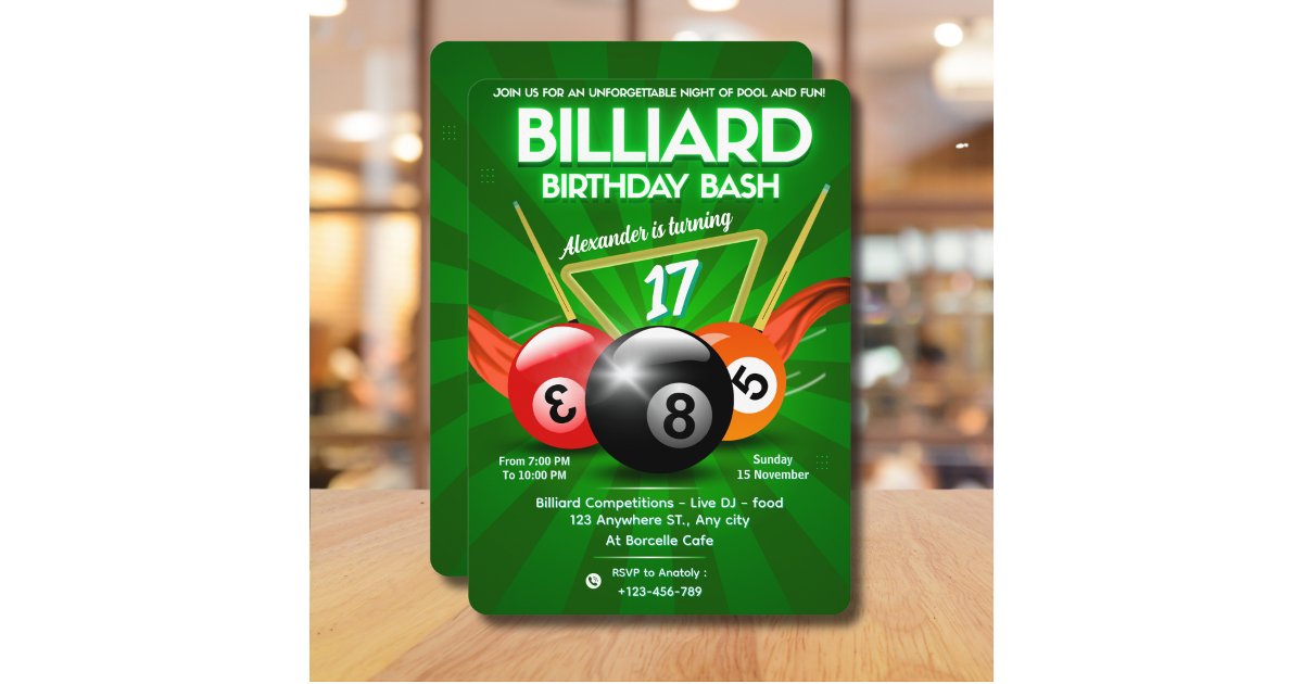 Snooker Pool Table Billiards Birthday Party Invitation | Zazzle