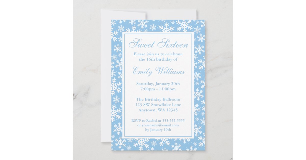 Snowflake Border Winter Wonderland Sweet 16 Blue Invitation | Zazzle