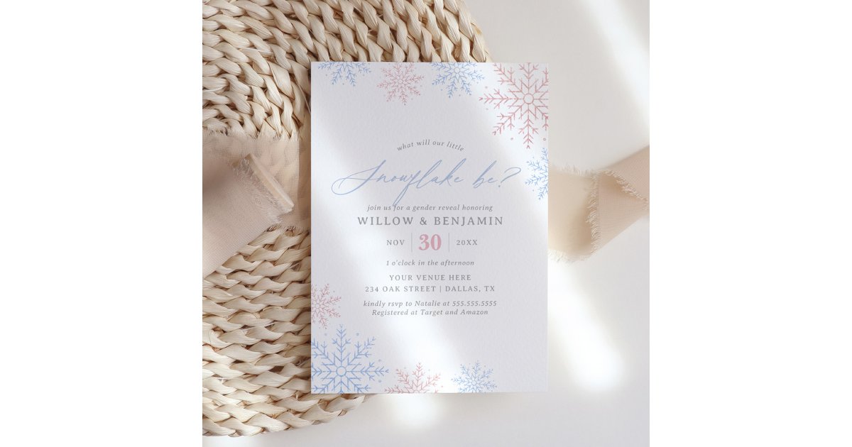Snowflake Winter Gender Reveal Party Invitation | Zazzle