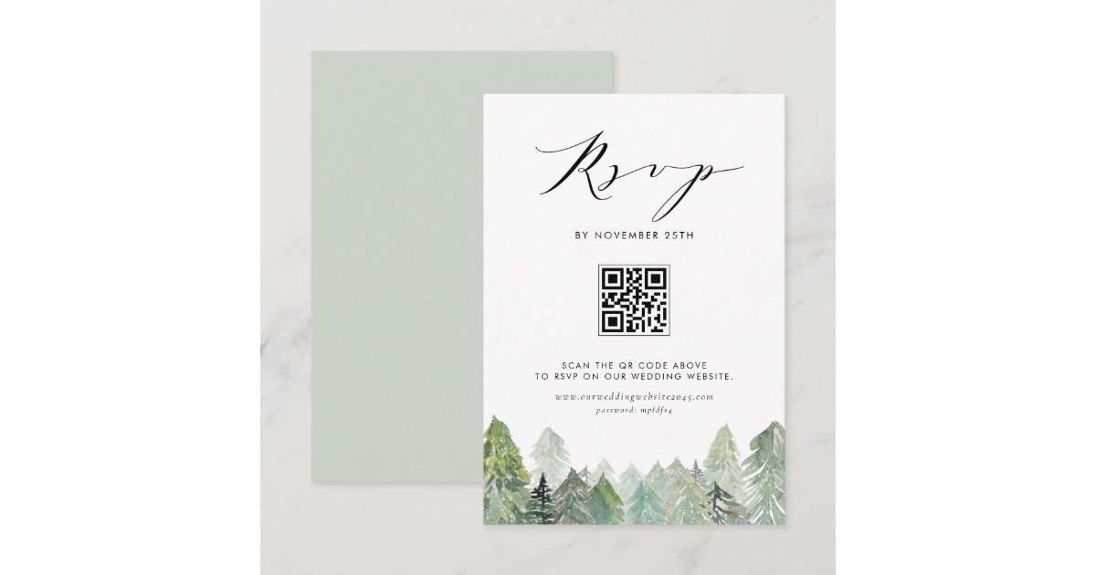 Snowy Evergreen Forest QR Code Winter Wedding RSVP Card | Zazzle