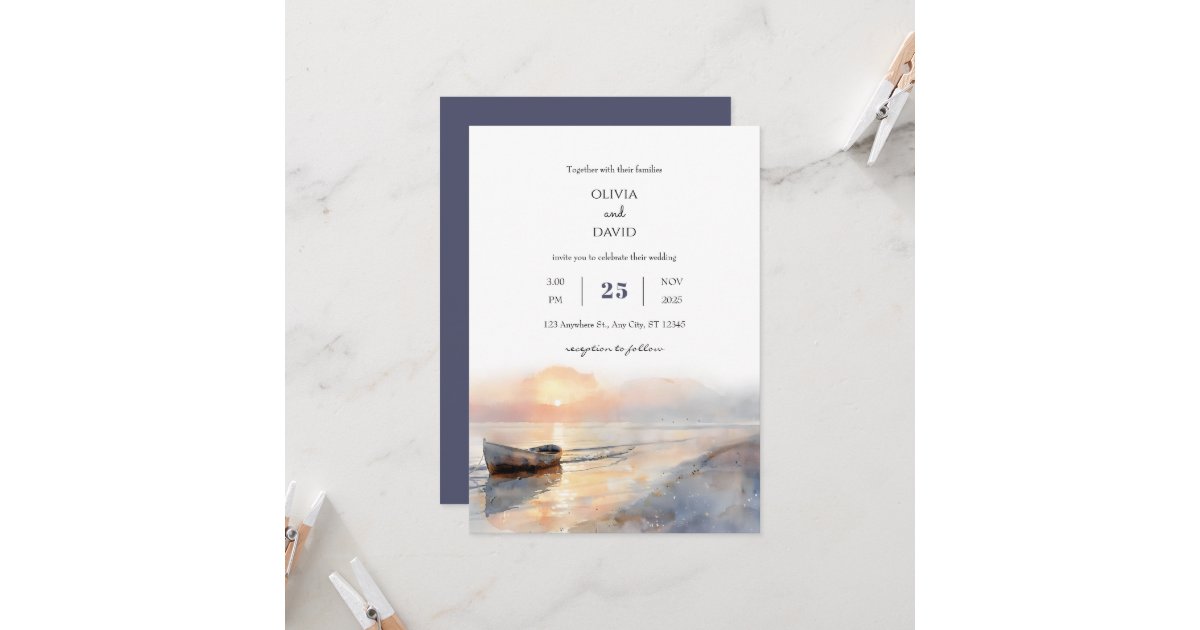 Soft Dawn Wooden Boat Watercolor Beach Wedding Invitation | Zazzle