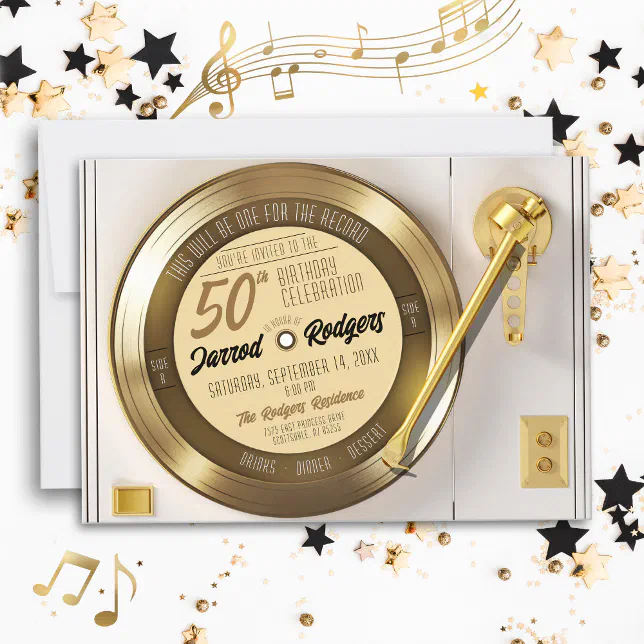 Solid Gold Black Vinyl Record 50th Birthday Party Invitation | Zazzle