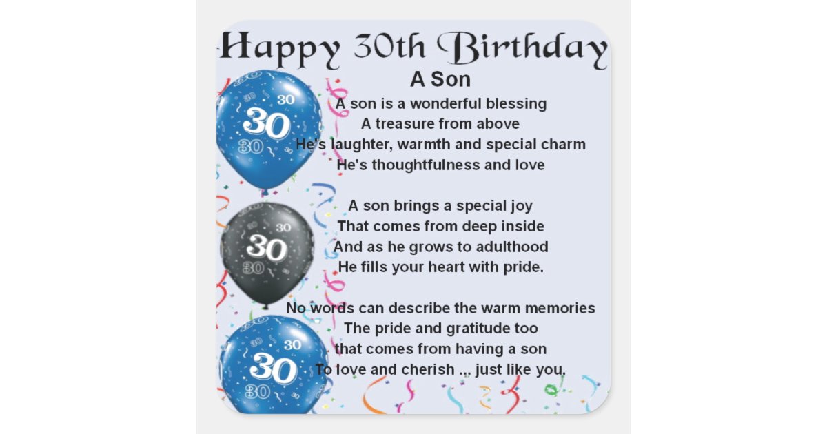 Son Poem 30th Birthday Design Square Sticker Zazzle Son Poem 30th Birthday Design Square Sticker Zazzle