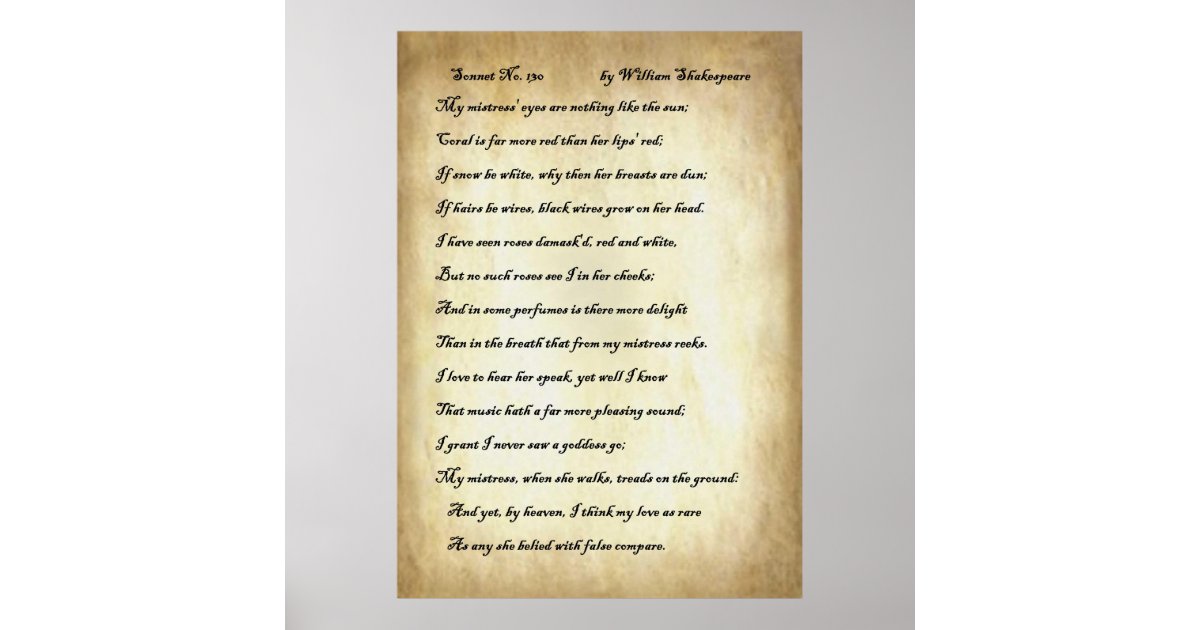 Sonnet No. 130 by William Shakespeare Poster | Zazzle