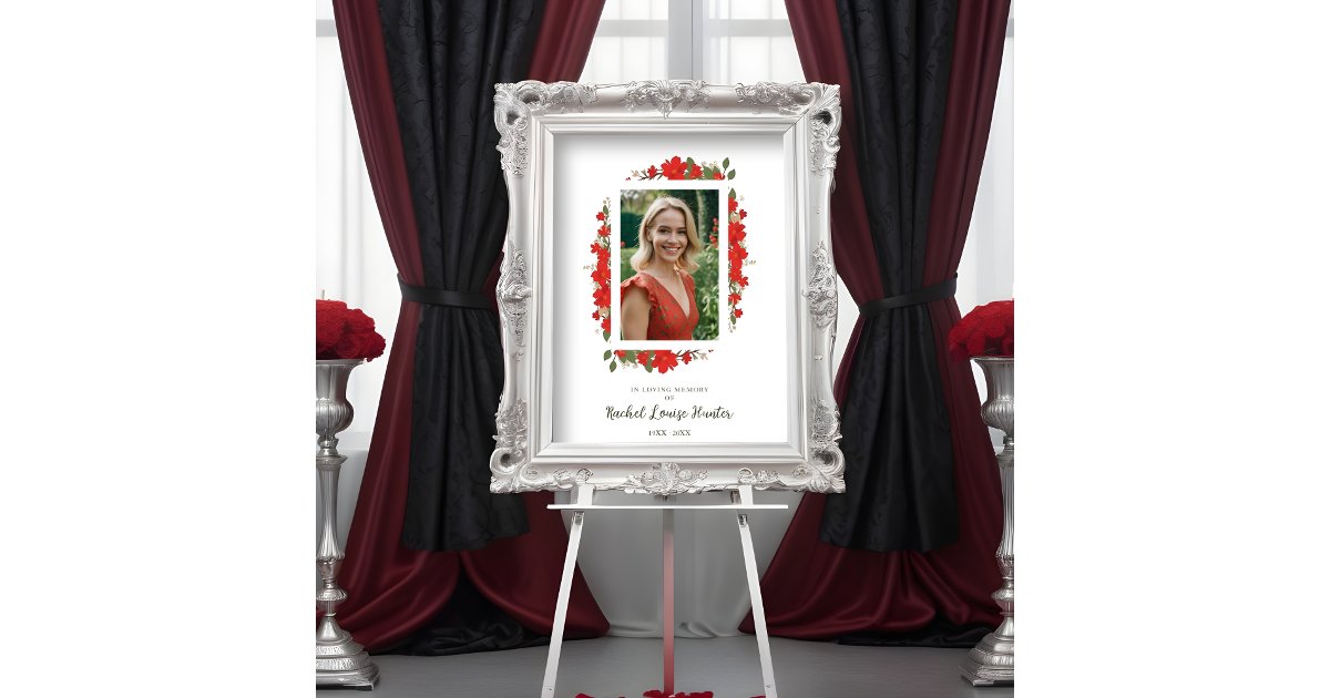 Sophisticated Red Floral Garland In Loving Memory Poster | Zazzle