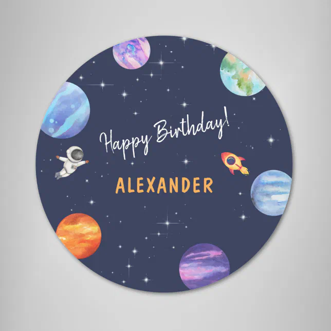 Space Themed Happy Birthday Watercolor Classic Round Sticker | Zazzle