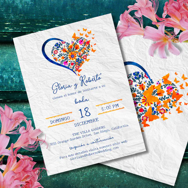 Spanish, Colourful Floral Heart Mexican Wedding Invitation | Zazzle