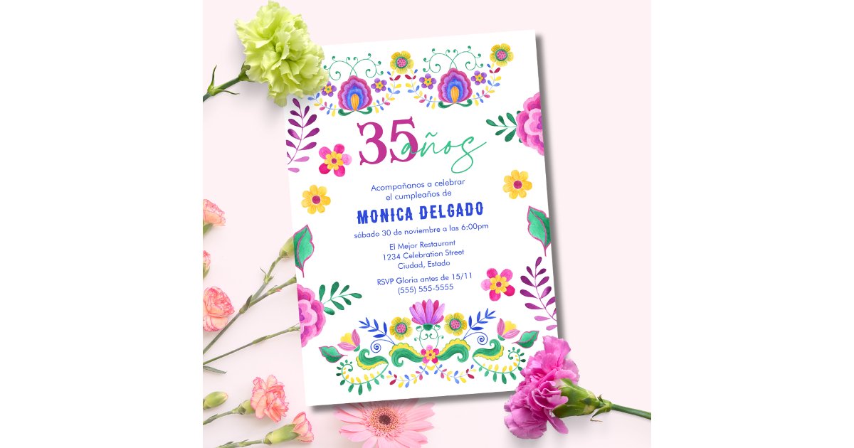 Spanish Mexican Fiesta Floral 35th Birthday Party Invitation | Zazzle