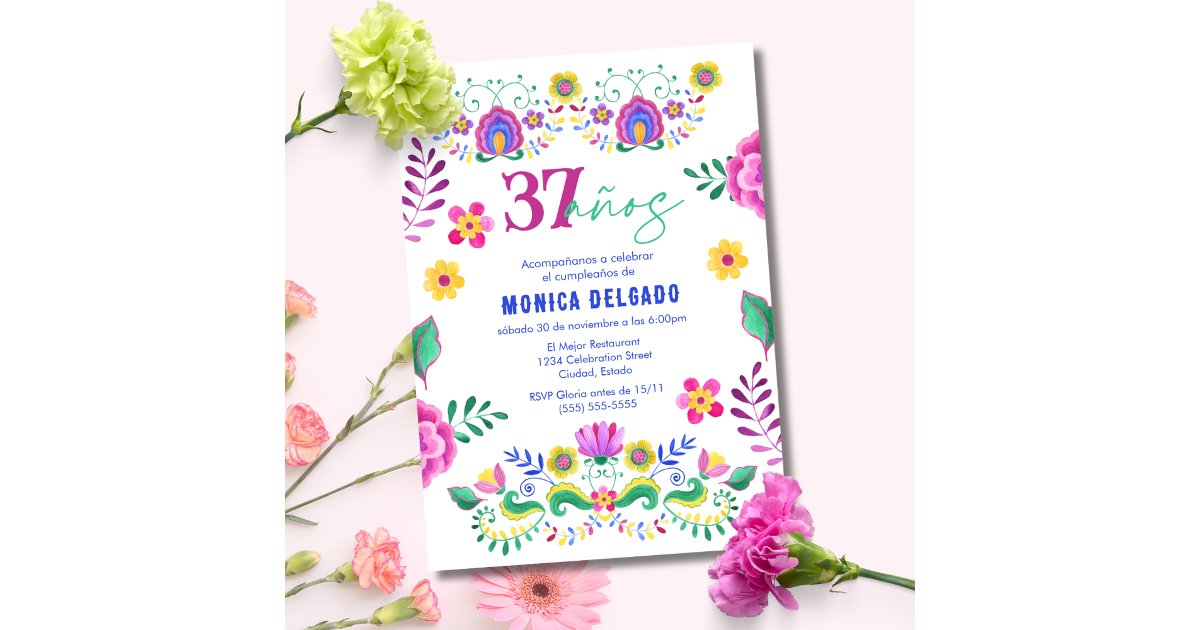 Spanish Mexican Fiesta Floral 37th Birthday Party Invitation | Zazzle