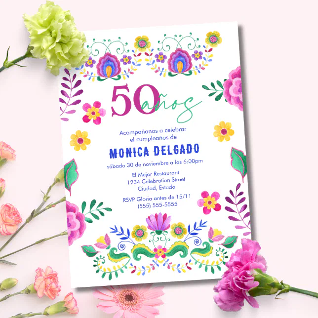 Spanish Mexican Fiesta Floral 50th Birthday Party Invitation | Zazzle