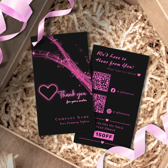 Sparkle Neon Pink Glitter Heart QR Code Thank you Business Card | Zazzle