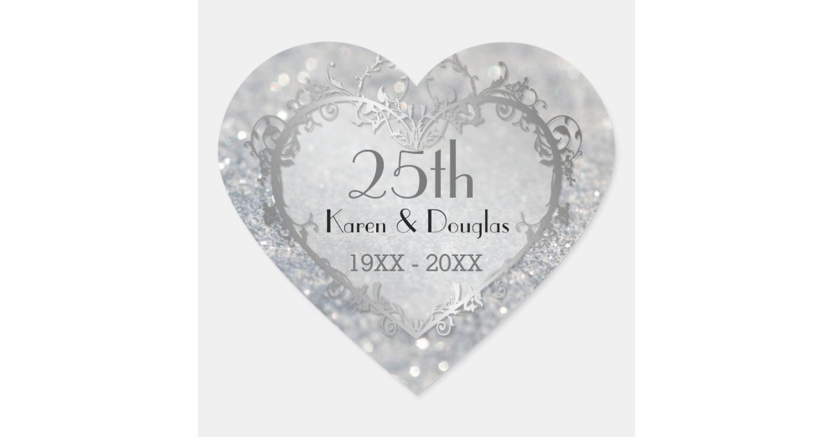 Sparkle Silver Heart 25th Wedding Anniversary Heart Sticker | Zazzle