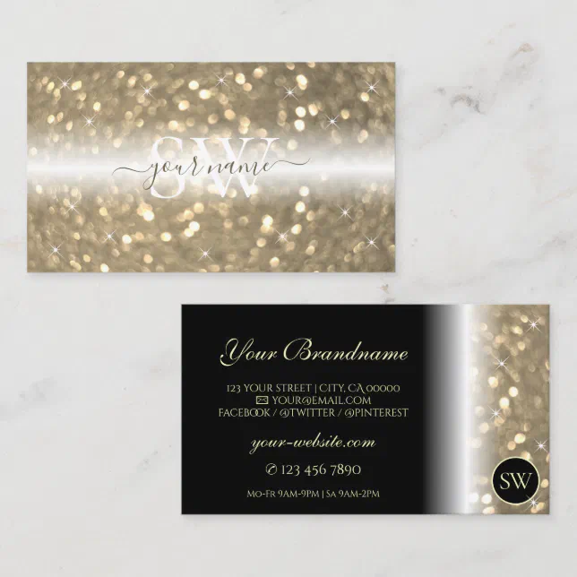 Sparkling Light Gold Glitter Black with Monogram Business Card | Zazzle