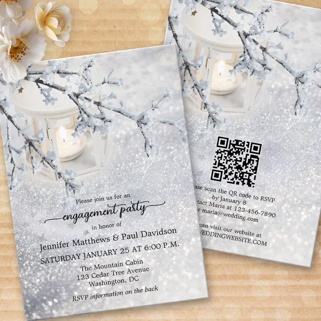 Sparkling Snow Winter QR Code Engagement Party Invitation | Zazzle