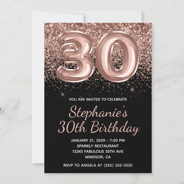 Sparkly Rose Gold Glitter Black Number 30 Birthday Invitation | Zazzle