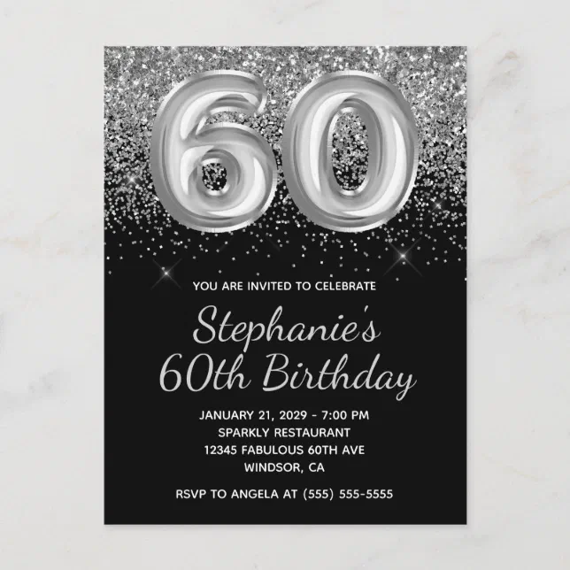 Sparkly Silver Glitter Black Balloon 60th Birthday Invitation Postcard ...