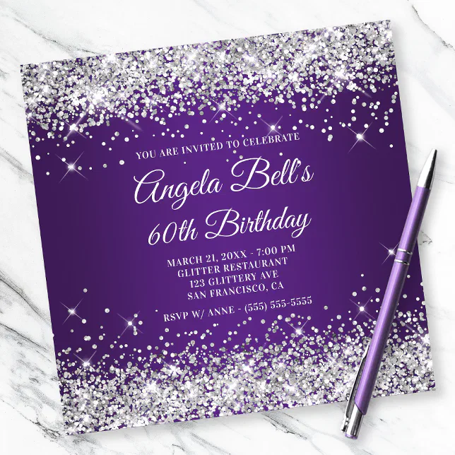 Sparkly Silver Glitter Royal Purple 60th Birthday Invitation | Zazzle