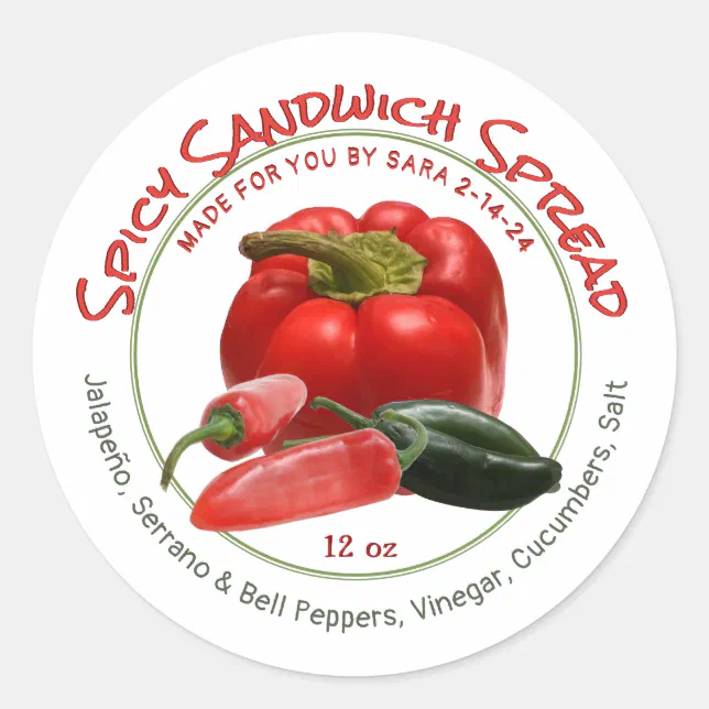 Spicy Salad Spread with Red and Green Peppers Classic Round Sticker ...