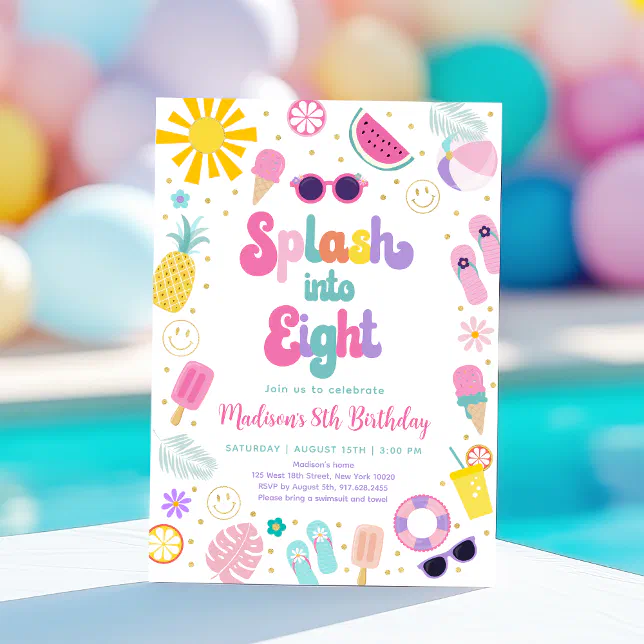 Splash into Eight Girl Pool Party Summer Birthday Invitation | Zazzle