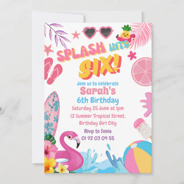 Splash Into Six Retro 6th Pool Birthday Party Invitation | Zazzle