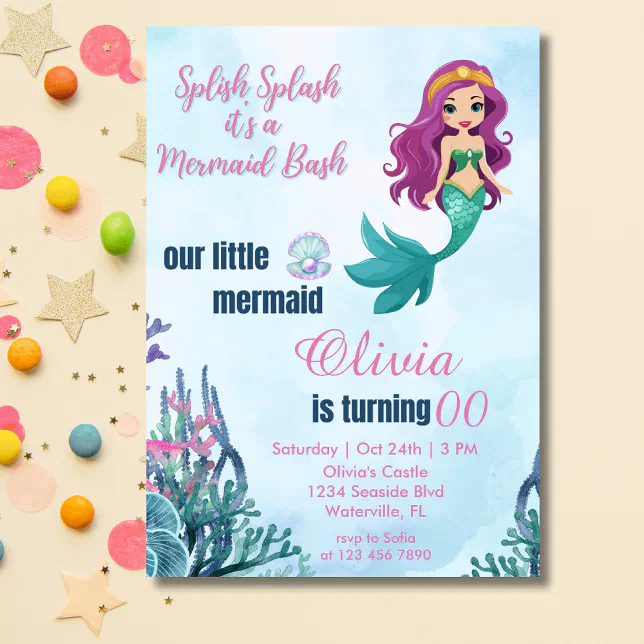 Splish Splash Bash Mermaid Any Age Birthday Invitation | Zazzle