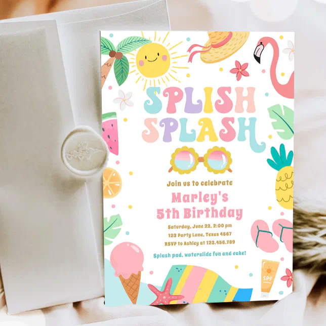 Splish Splash Pool Party Bash Girl Pink Birthday Invitation | Zazzle