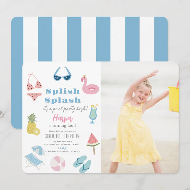 Splish Splash Pool Party Girl Photo Birthday Invitation | Zazzle