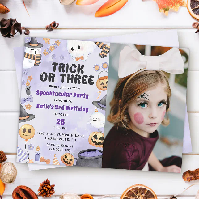 Spooky Halloween Cute Ghost 3rd Birthday Photo Invitation | Zazzle