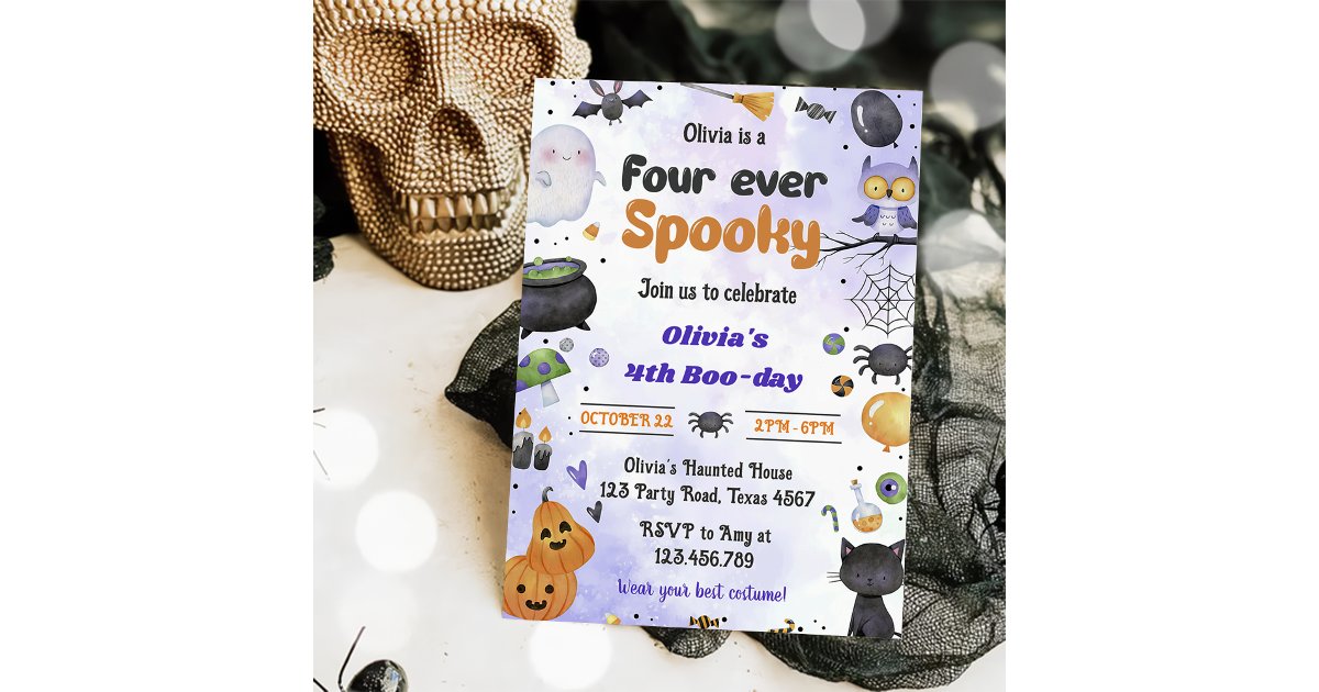 Spooky Halloween Cute Ghost 4th Birthday Party Invitation | Zazzle