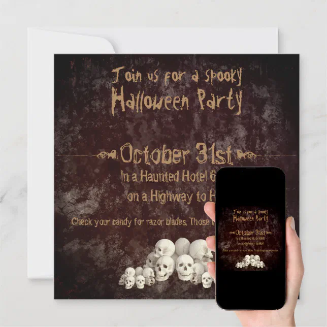 Spooky Halloween Grunge Creepy Background Skulls Invitation | Zazzle