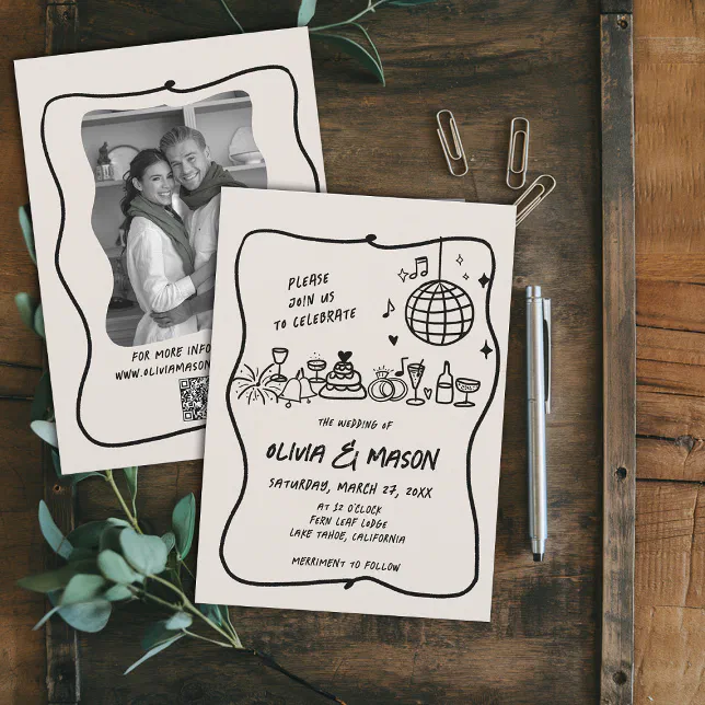 Squiggle Hand-Drawn Modern Doodle Unique Wedding Invitation | Zazzle