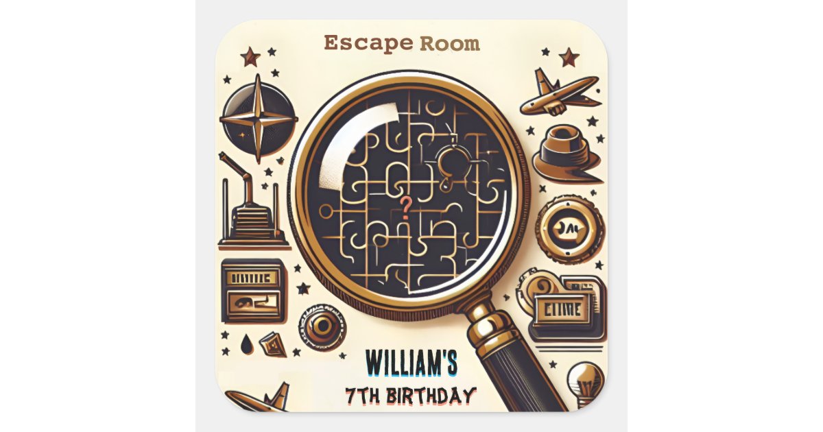stage Clue Spy Escape Room 7th Birthday Invitation Square Sticker | Zazzle
