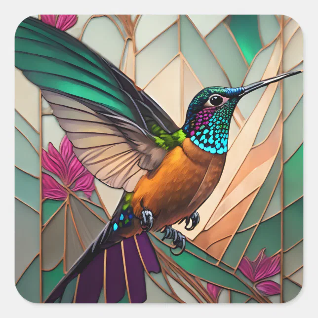 Stained Glass Illustration of a Hummingbird Square Sticker | Zazzle