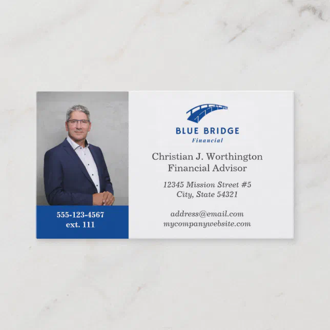 Standard Blue Custom Headshot Company Logo Finance Business Card | Zazzle