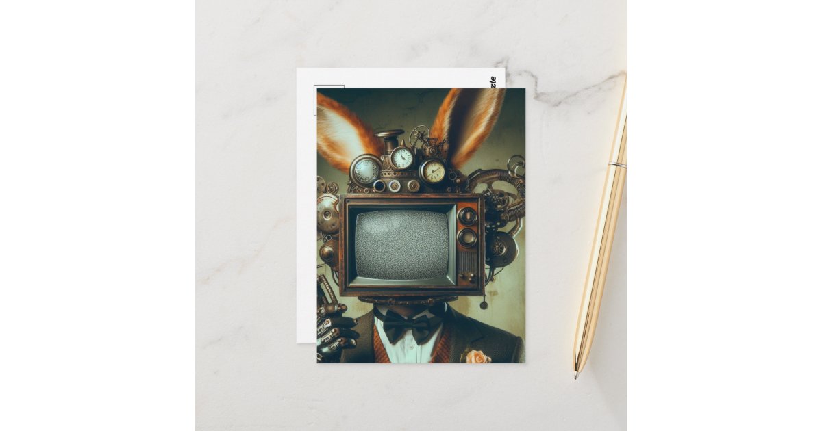 Steampunk Rabbit Man With a Vintage TV Head Static Postcard | Zazzle