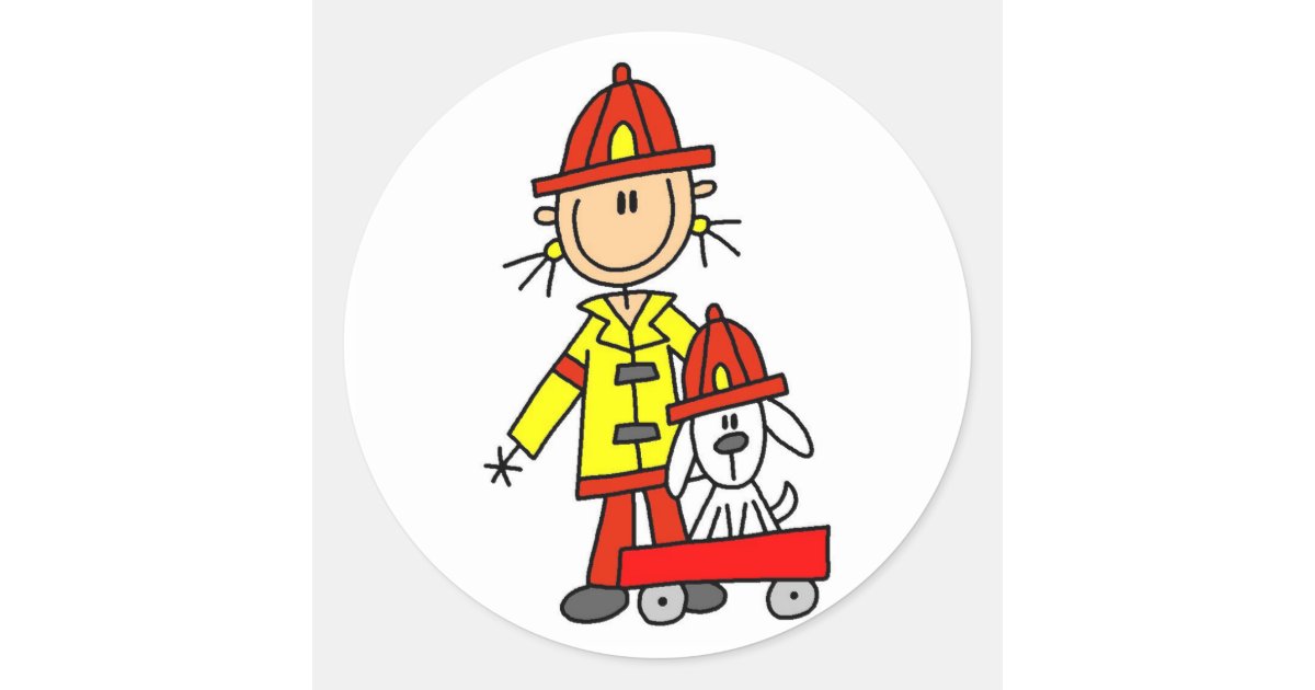 Stick Figure Firefighter with Dalmation Classic Round Sticker | Zazzle