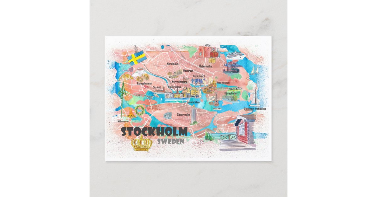 Stockholm Sweden Illustrated Map Postcard | Zazzle