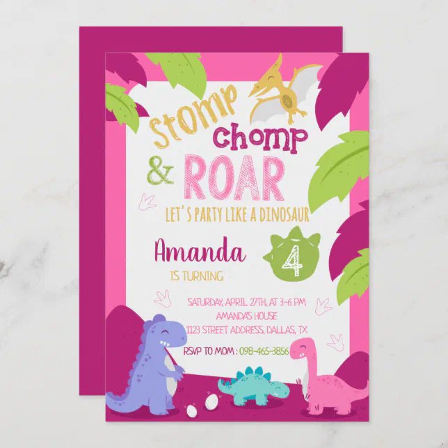 Stomp & Chomp Girl Dinosaur Birthday Invitation | Zazzle