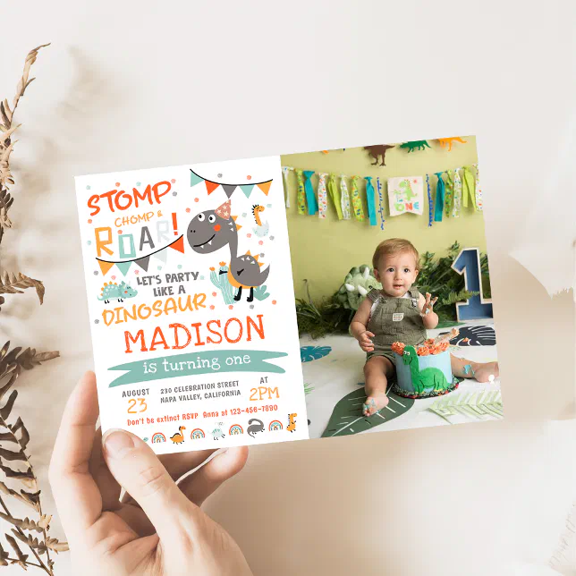 Stomp, Chomp & Roar Dinosaur Birthday Photo Invitation | Zazzle