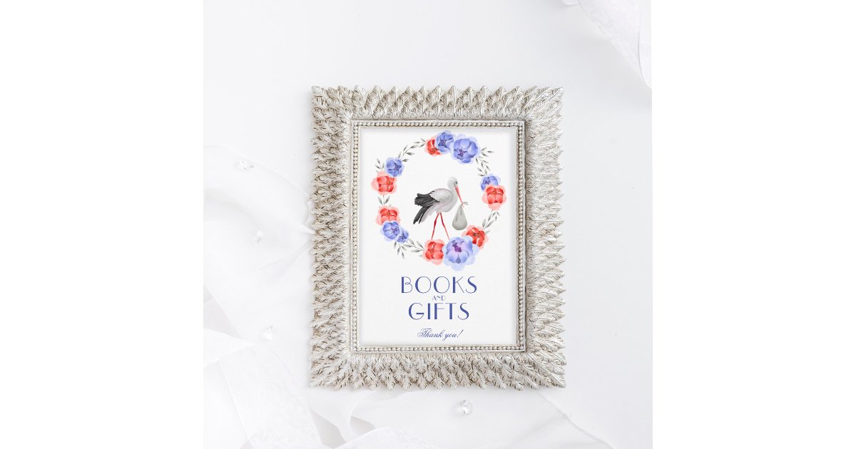 Stork Blue Red Floral Baby Shower Table Sign Invit Invitation | Zazzle