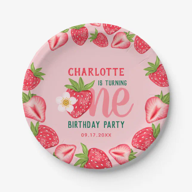 Strawberry Baby Turning One 1st Birthday Party Paper Plate | Zazzle