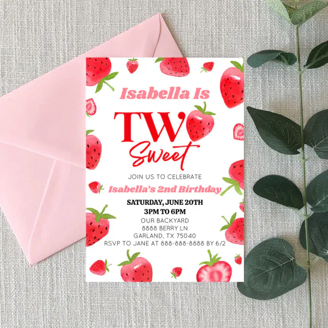 Strawberry Two Sweet Pink Red 2nd Birthday Party Invitation | Zazzle