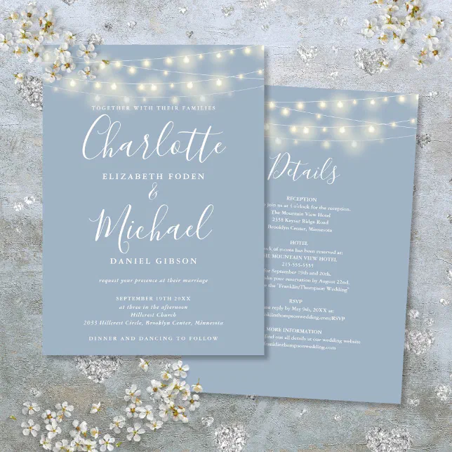 String Lights Dusty Blue All In One Simple Wedding Invitation | Zazzle