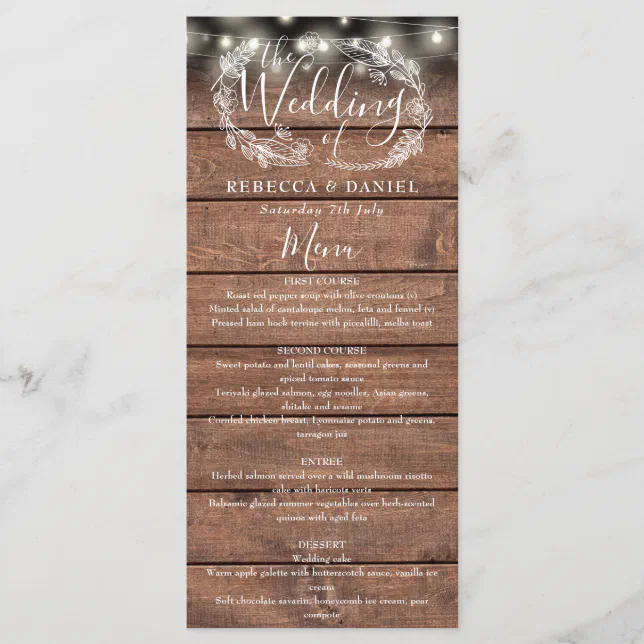String Lights Rustic Wood Floral Wedding Menu | Zazzle