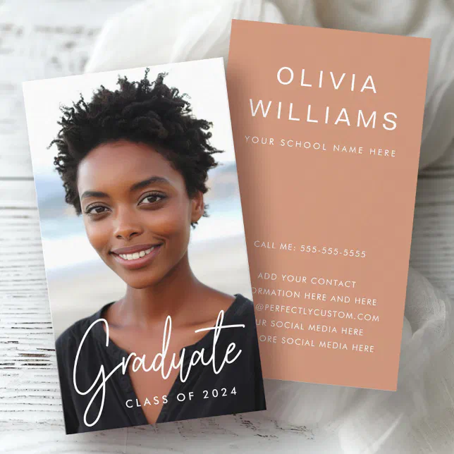 Student graduation networking photo terracotta business card | Zazzle